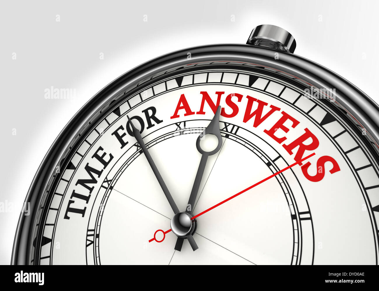 answers time concept clock closeup on white background with red and ...