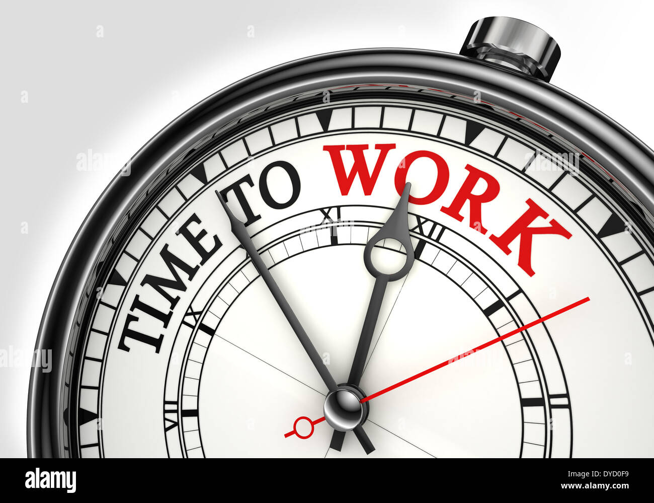 time to work concept clock closeup on white background with red and ...