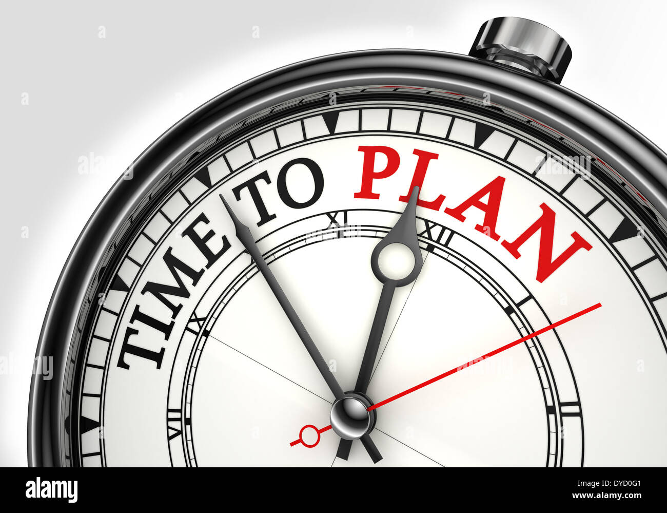 time to plan concept clock closeup on white background with red and ...