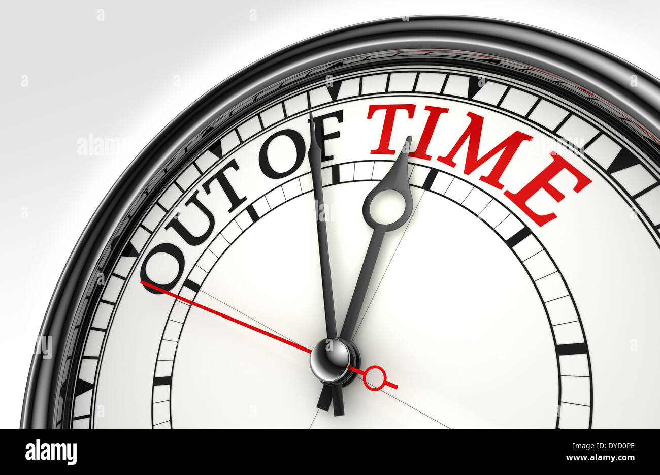 out of time red black words on concept clock closeup on white ...