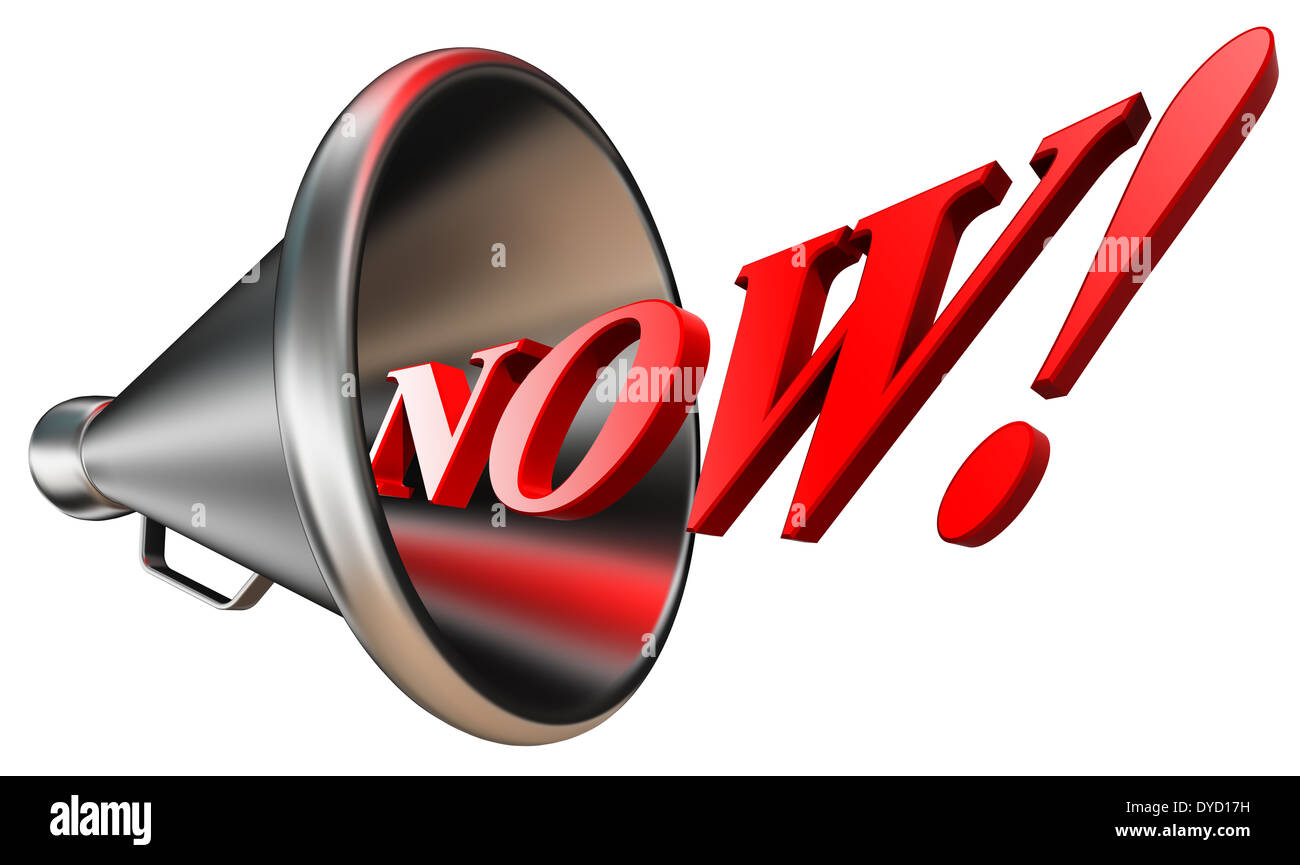 now red word in megaphone isolated on white background. clipping path ...