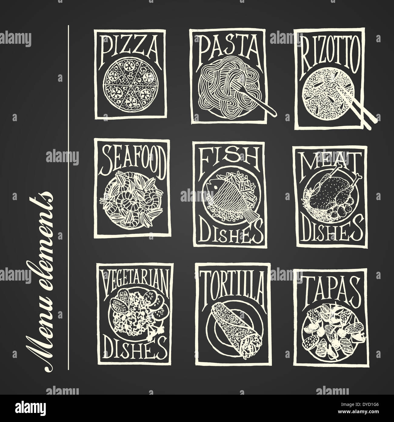 Dishes menu elements - retro style hand-drawn icons set on chalkboard ...