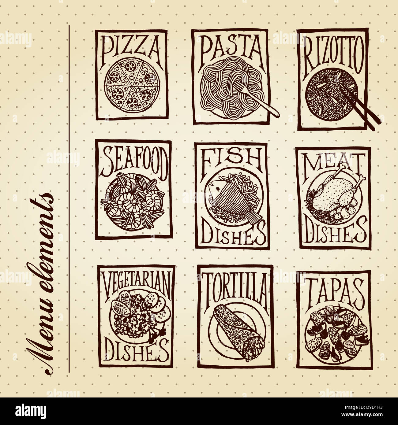 Dishes menu elements - retro style hand-drawn icons set on vintage ...