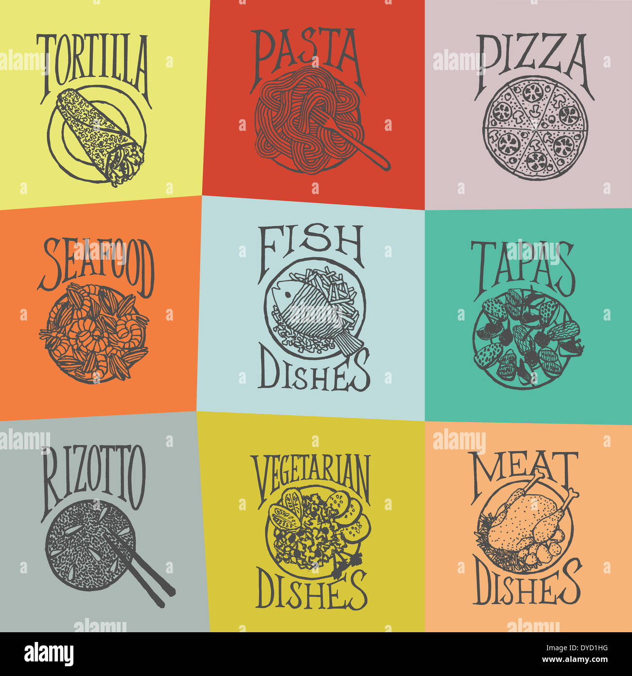 DISHES MENU ICON - Latino style black drawings on color mosaic Stock ...