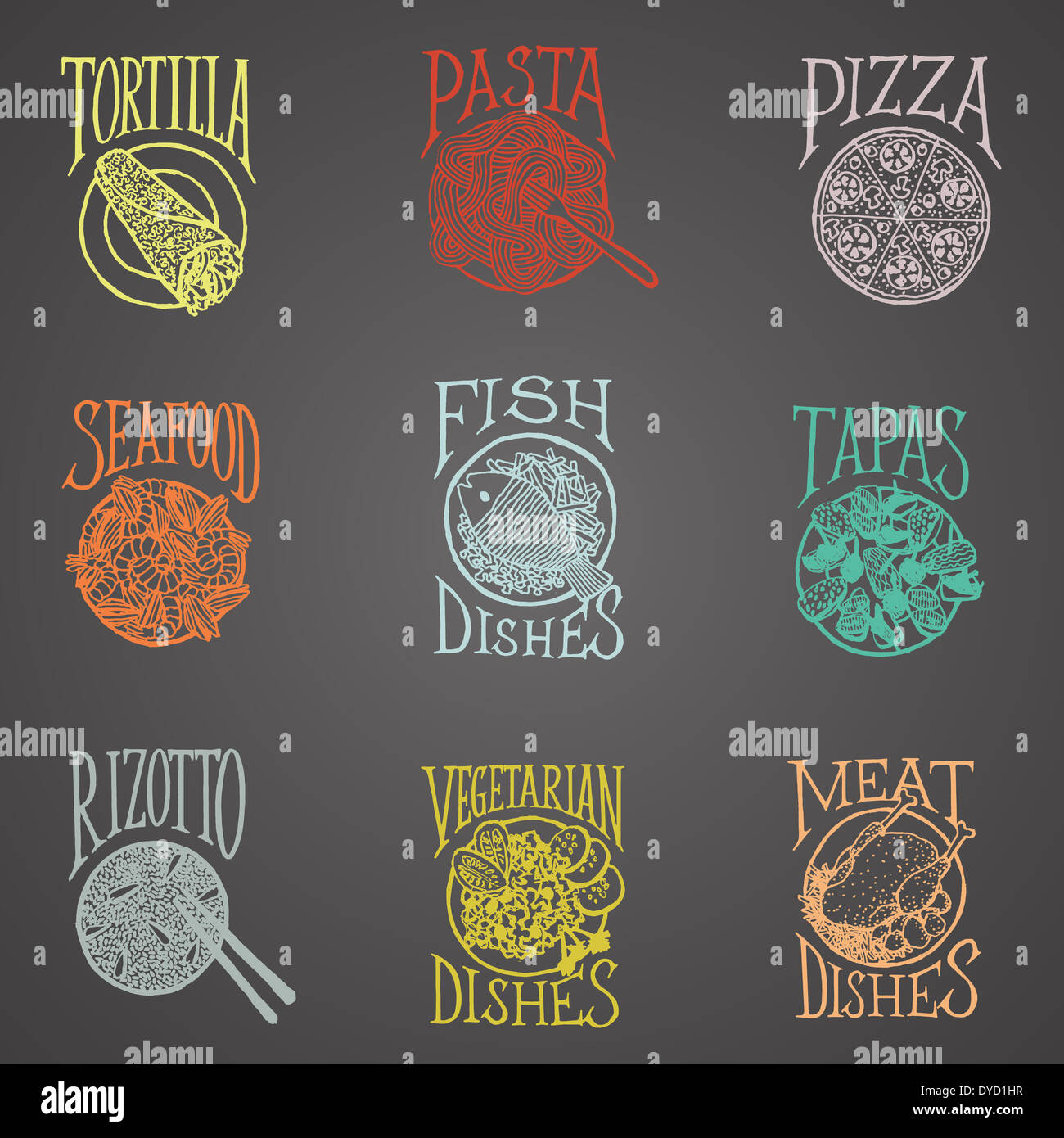 DISHES MENU ICON - Latino style colorful drawings on blackboard Stock ...