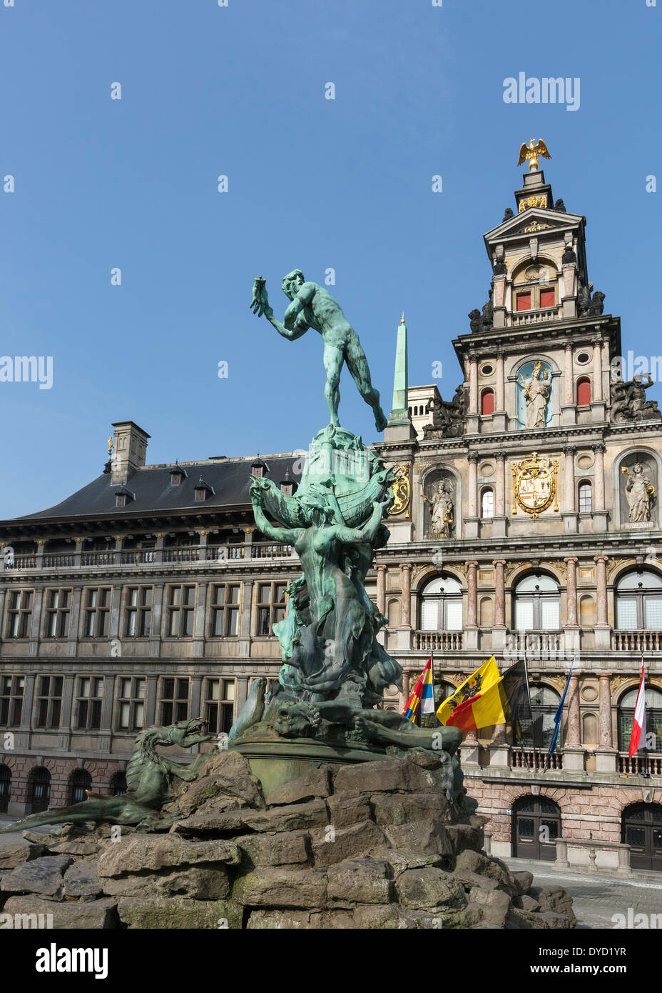 Brabo statue in front of historic Antwerp city hall Stock Photo - Alamy