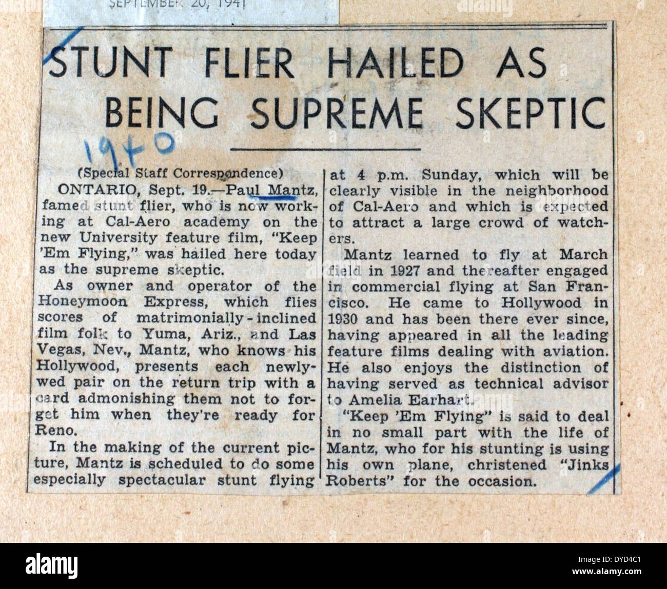 Paul Mantz, a renowned Hollywood stunt pilot, is captured in this ...