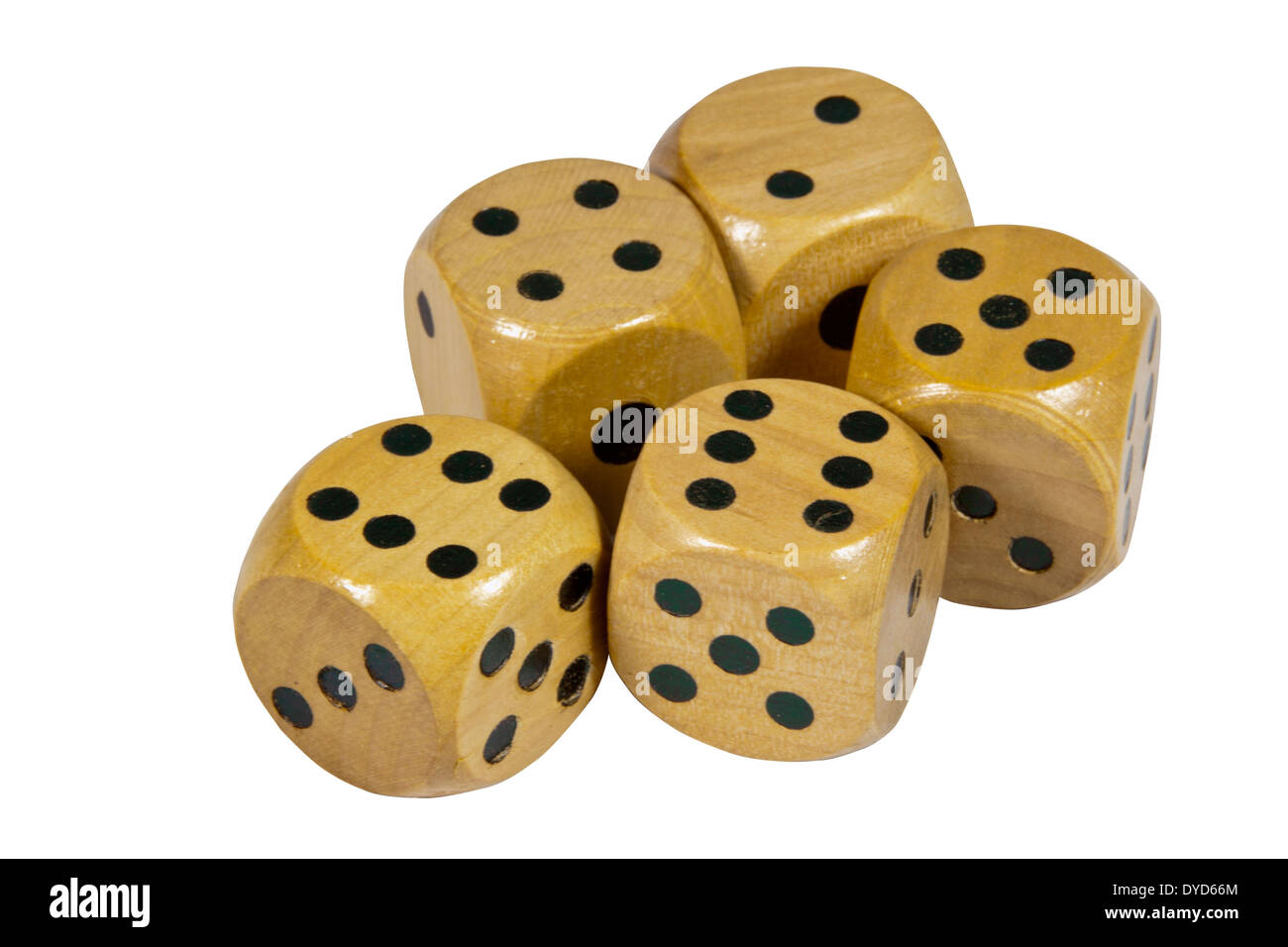 five shiny wooden dice with black dots Stock Photo - Alamy