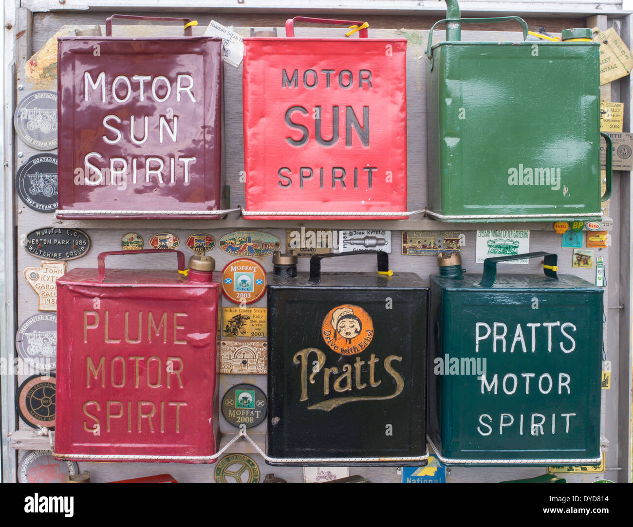 Collection of old fuel or motor spirit tins seen at Beamish Museum ...