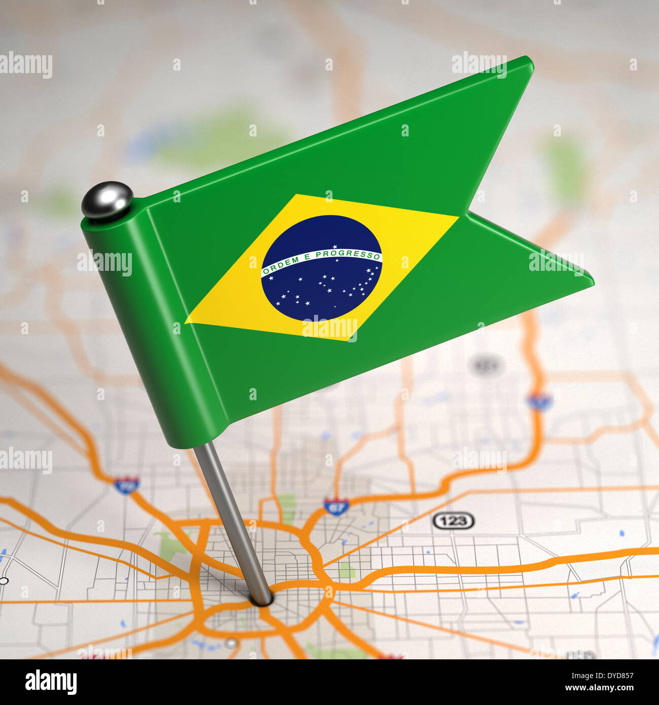 Small Flag of Brazil Sticked in the Map Background with Selective Focus ...