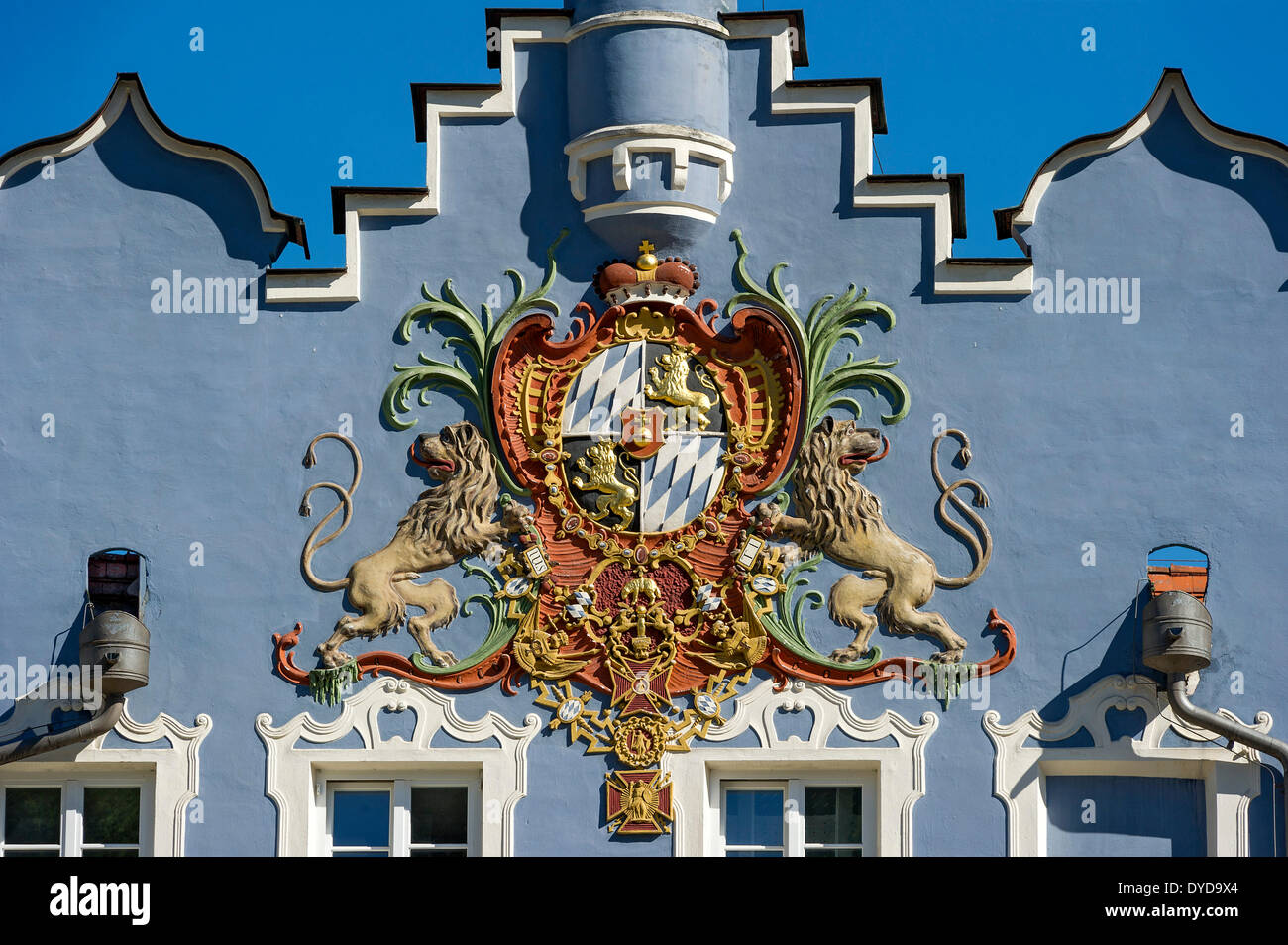 Stuccoed Bavarian coat of arms on the pediment of the City Hall of ...