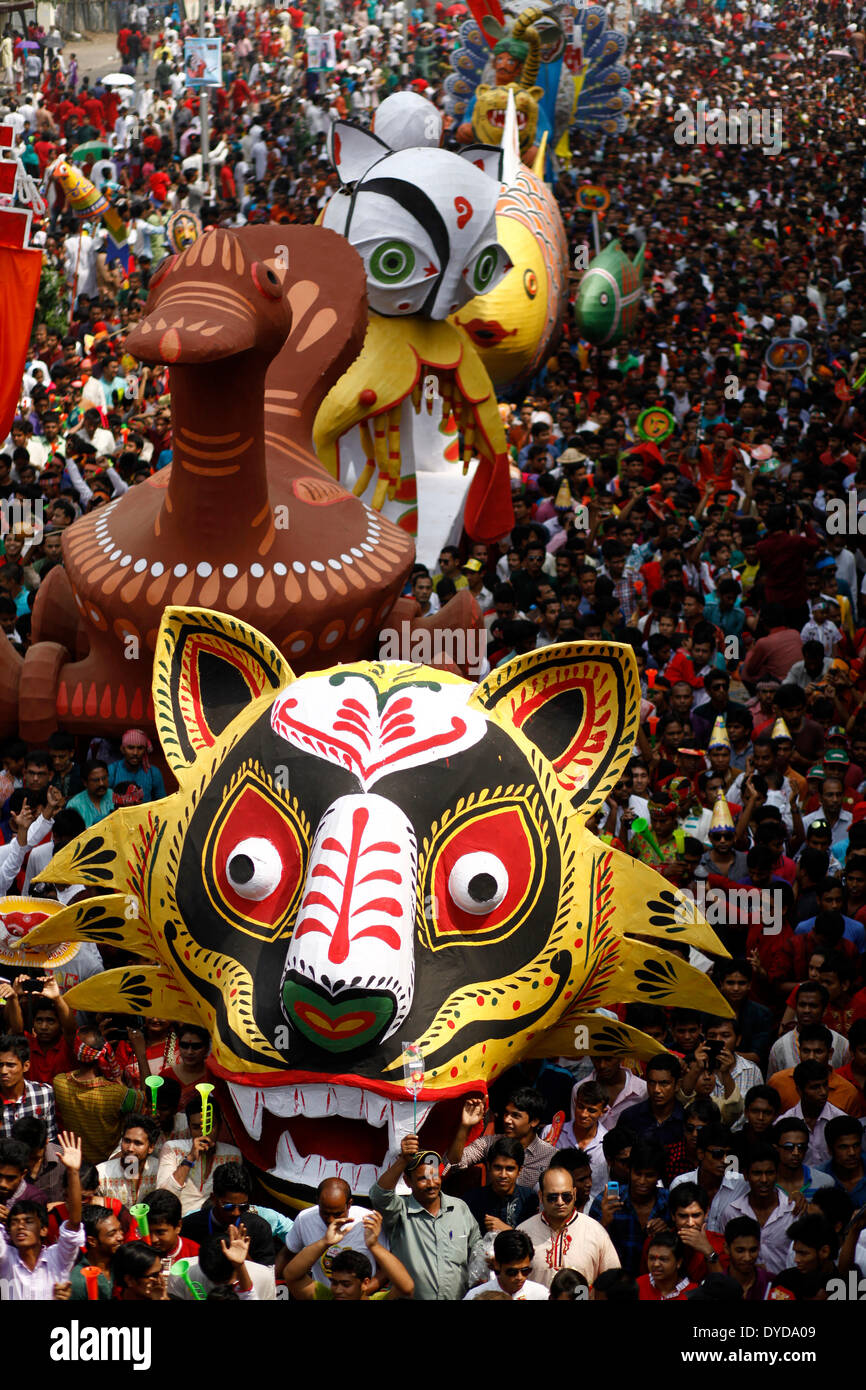 DHAKA, BANGLADESH - APRIL 14: Bangladeshi revelers march during a rally ...