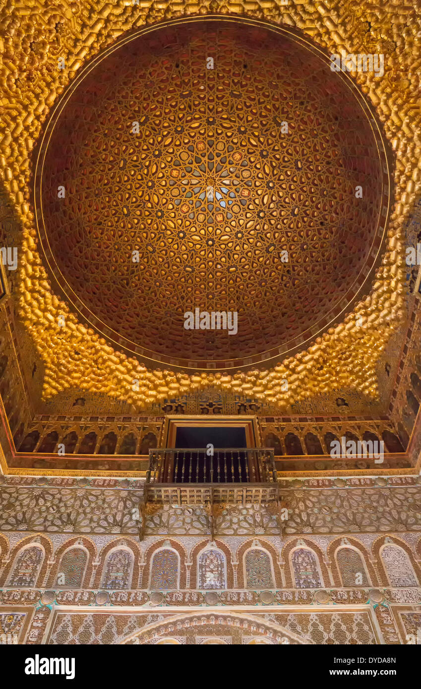 The wooden domed ceiling in the Salon of the Ambassadors in the Alcázar ...