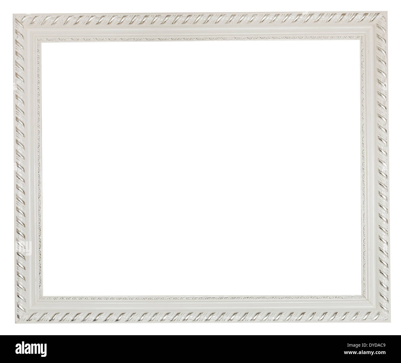 wide white classic wooden picture frame with cut out canvas isolated on ...