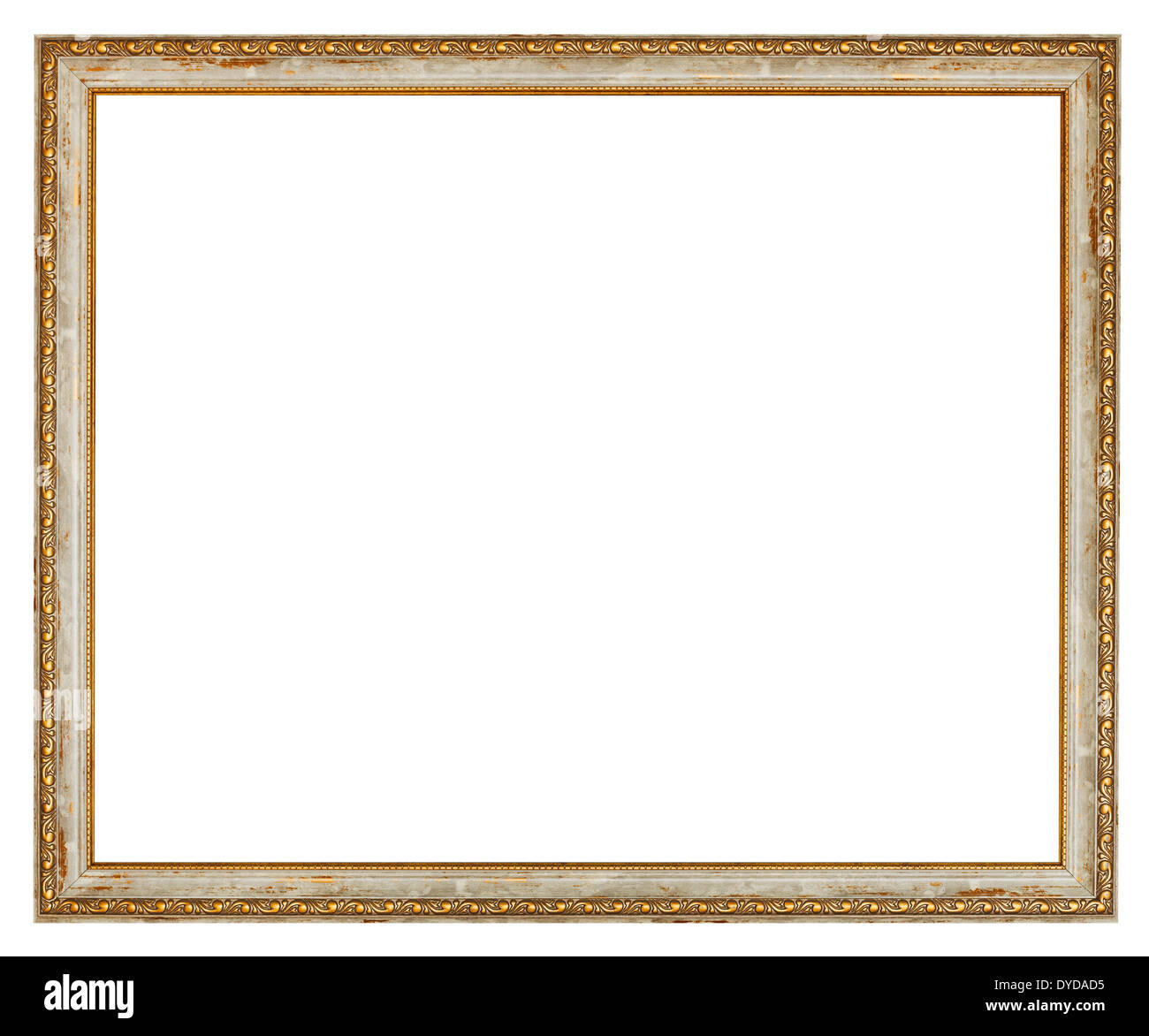 old narrow decorated wooden picture frame with cut out canvas isolated ...