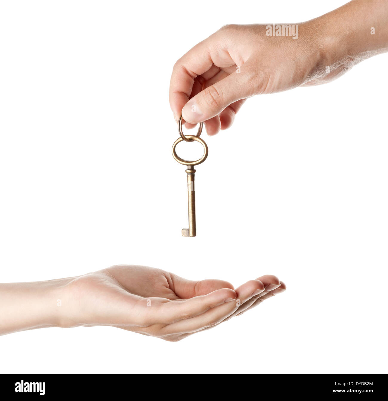 Hand with key on white background Stock Photo - Alamy