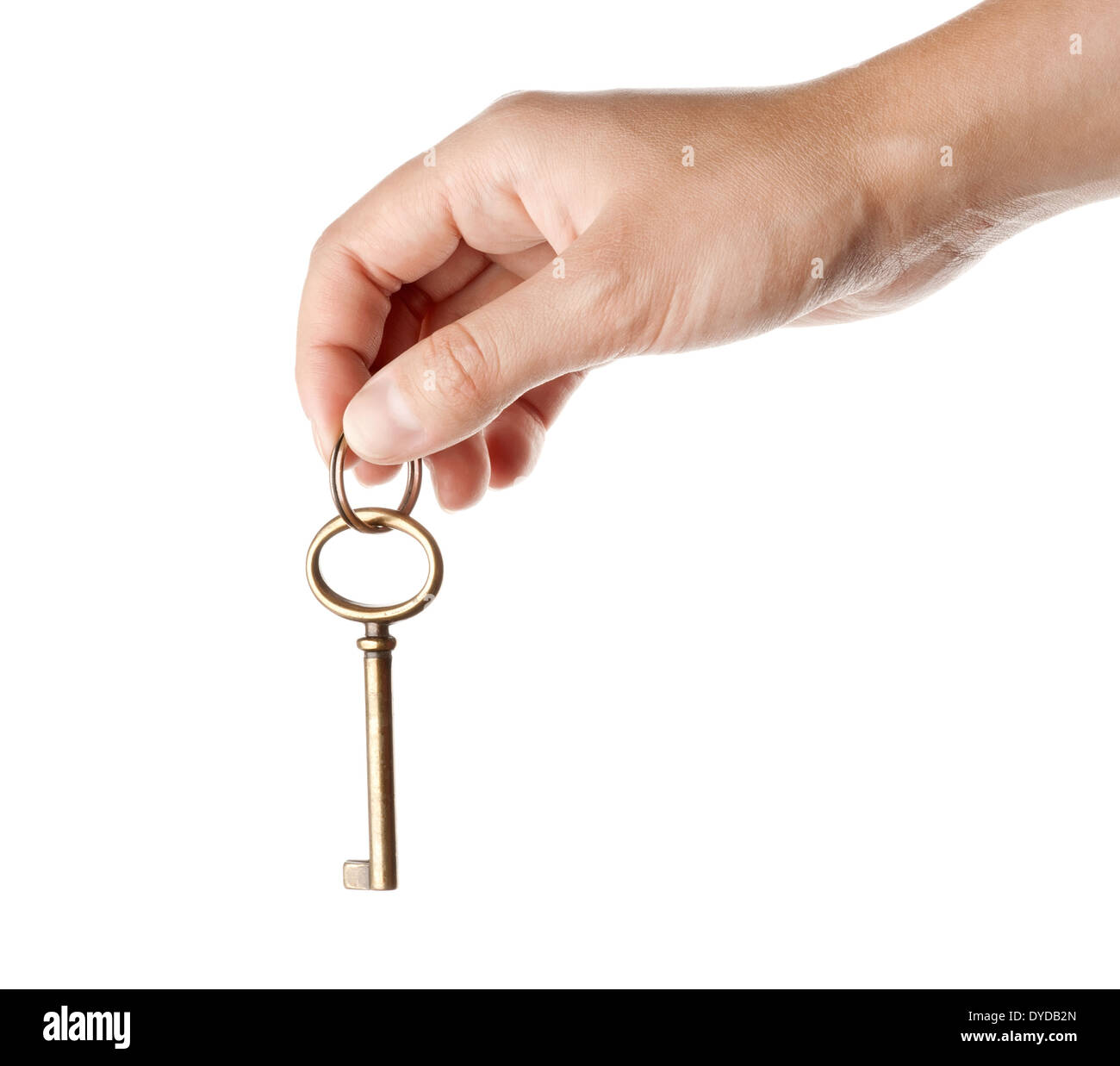 Hand with key on white background Stock Photo - Alamy