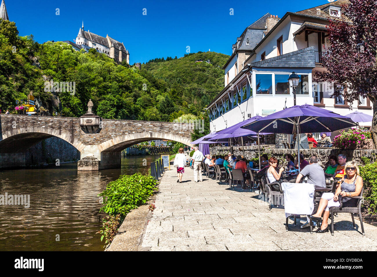 View of the castle at Vianden in Luxembourg from the river Our below ...