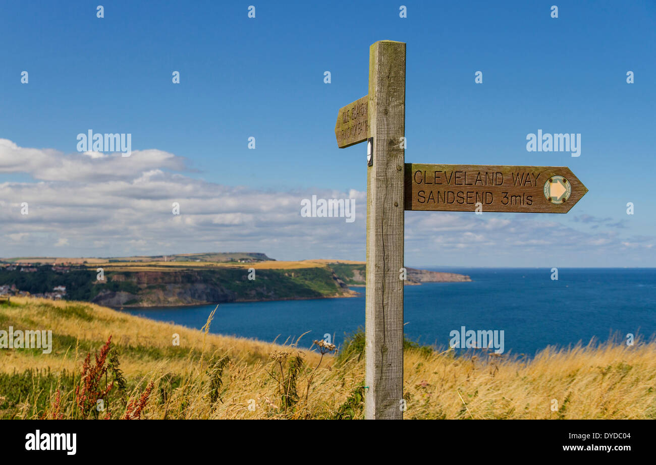 Signpost for the Cleveland Way on the Yorkshire coast near Whitby Stock ...