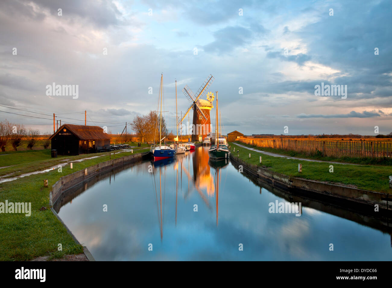 Horsey Mill on a stormy spring evening on the Norfolk Broads Stock ...
