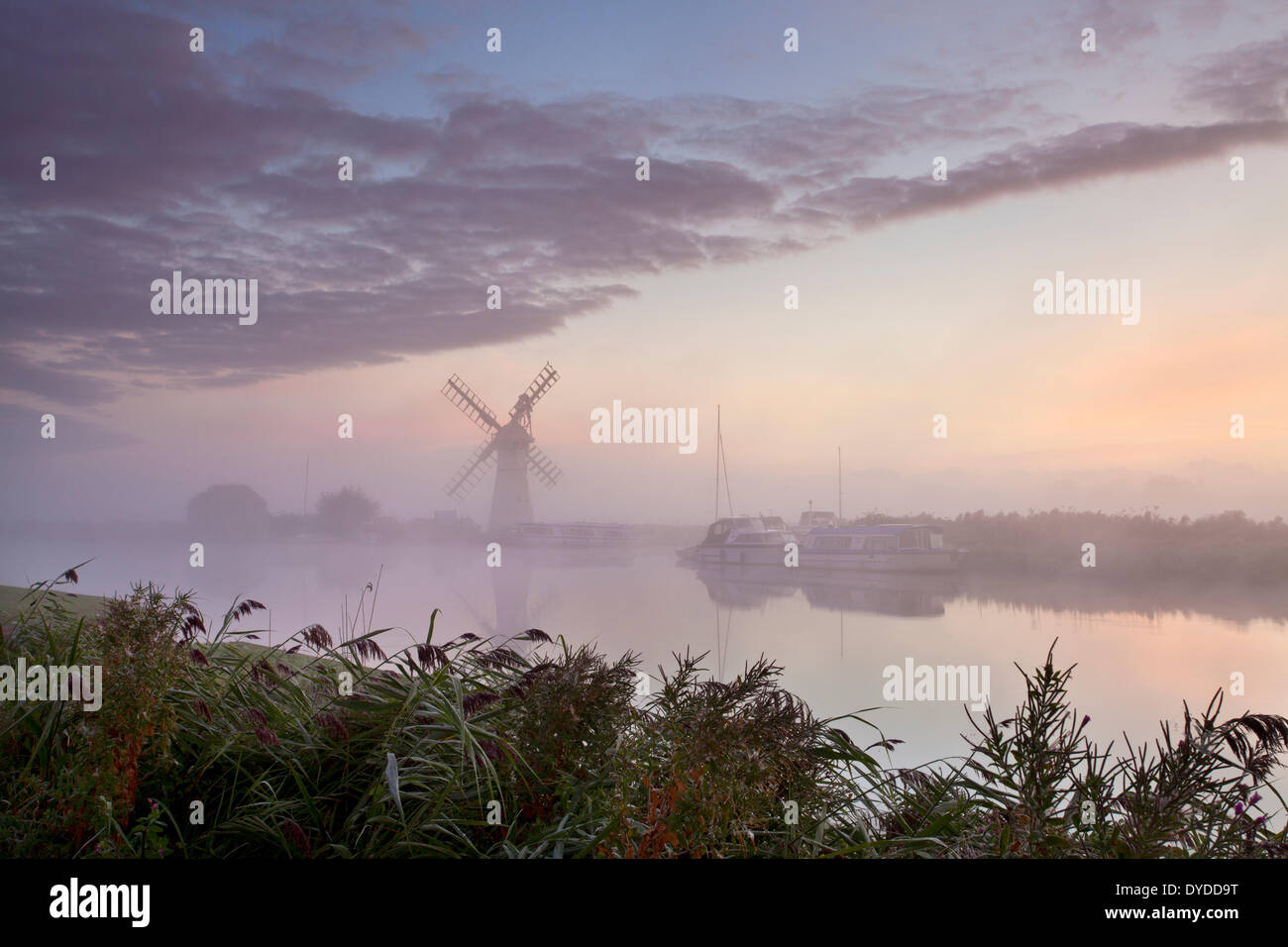 Thurne Mill on a misty afternoon on the Norfolk Broads Stock Photo - Alamy