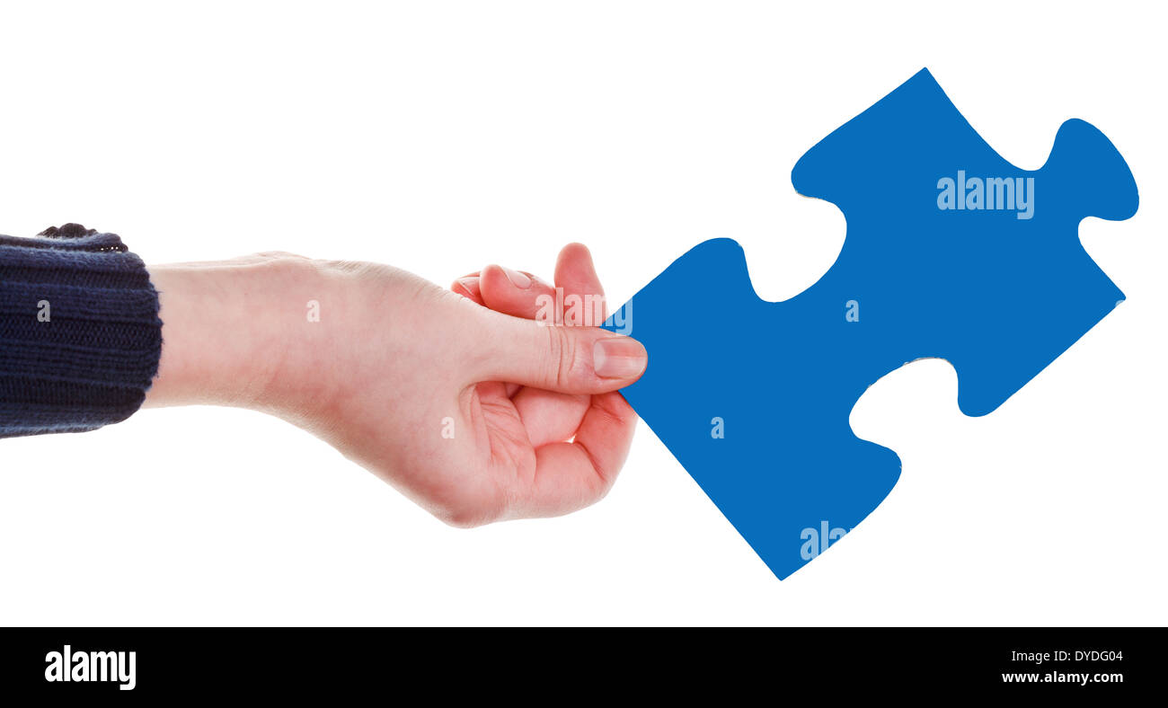female hand with blue puzzle piece isolated on white background Stock ...