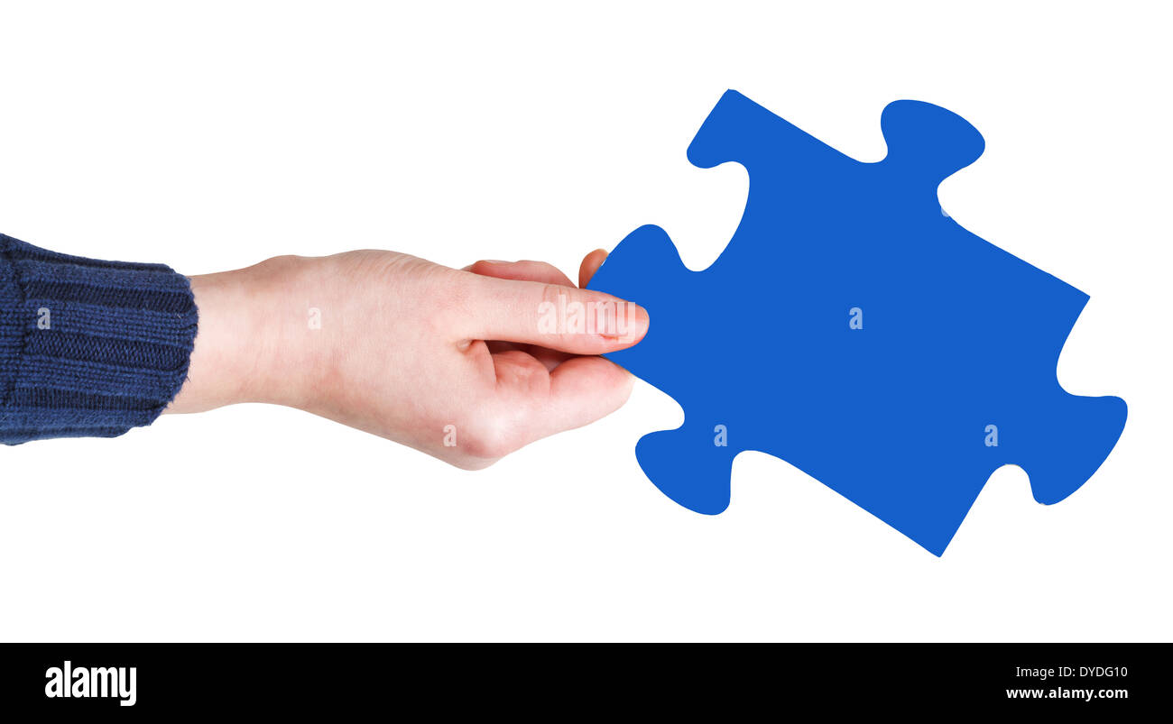 female hand with blue puzzle piece isolated on white background Stock ...
