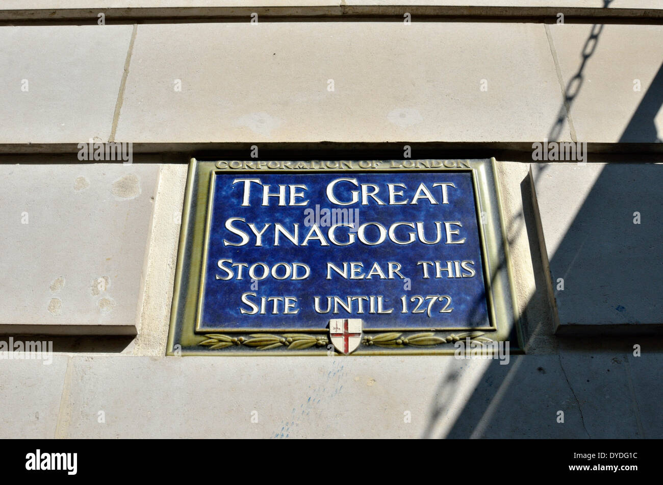 Blue plaque marking the site of The Great Synagogue on Old Jewry Stock ...