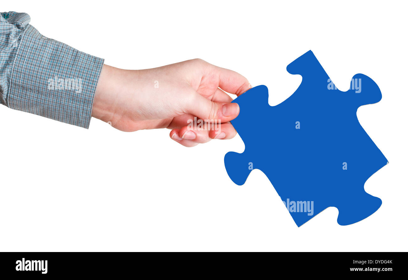 female hand with blue puzzle piece isolated on white background Stock ...