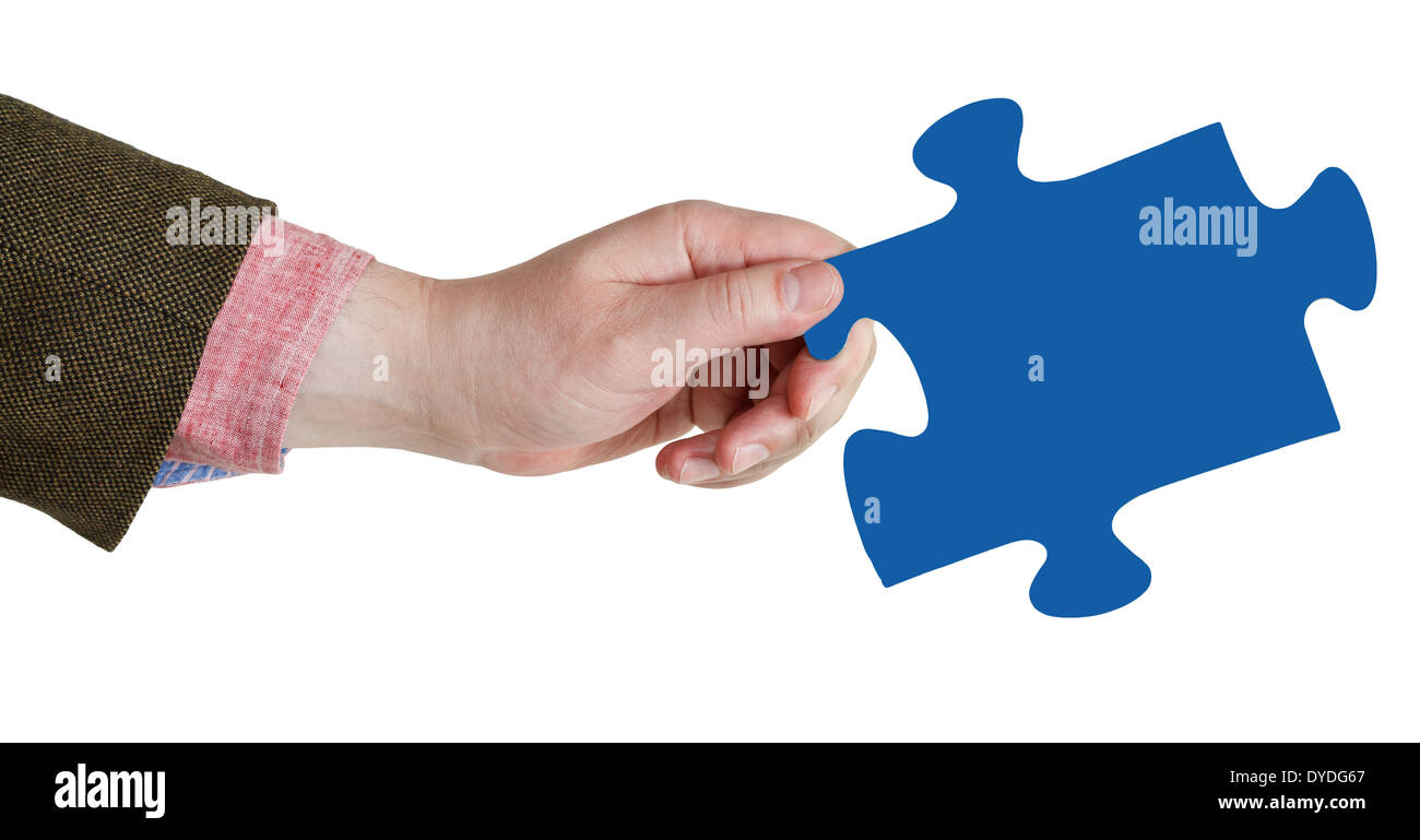 male hand with blue puzzle piece isolated on white background Stock ...