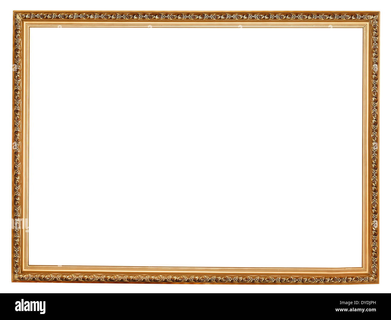 narrow golden carved wooden picture frame with cut out canvas isolated ...