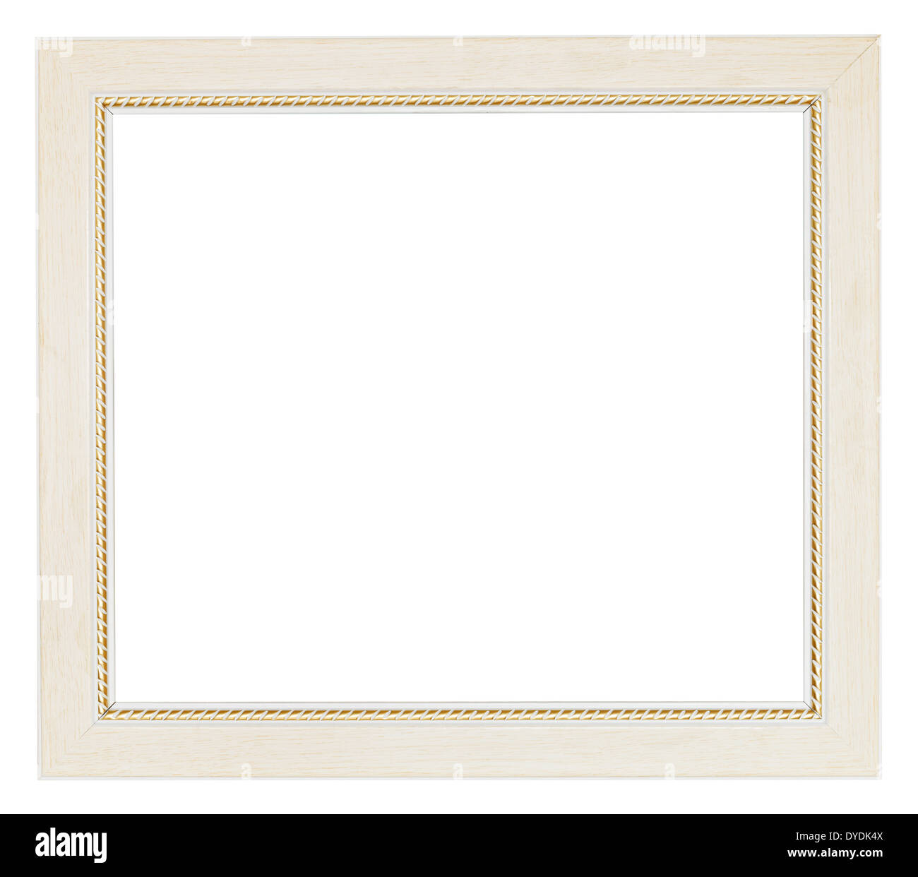 wide white flat wooden picture frame with cut out canvas isolated on ...
