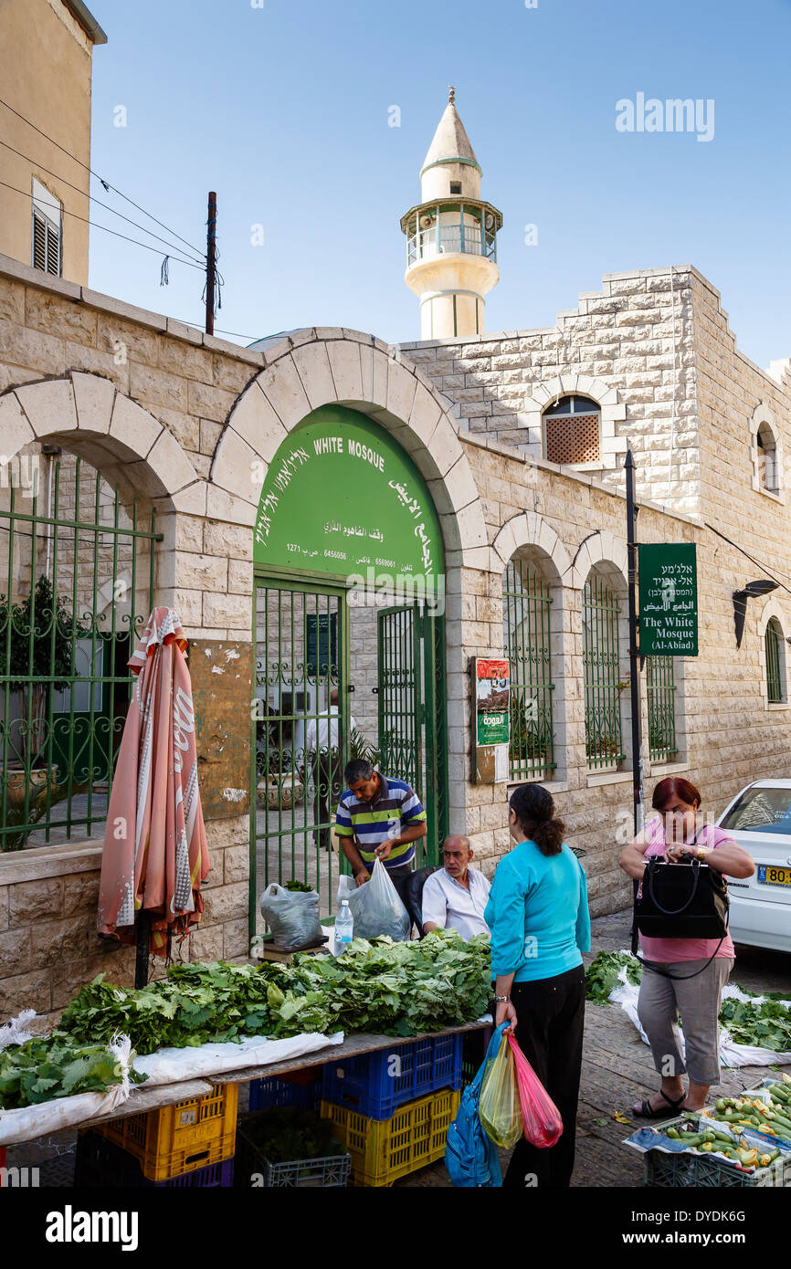 The market and White Mosque in the background, Nazareth, lower Galilee ...