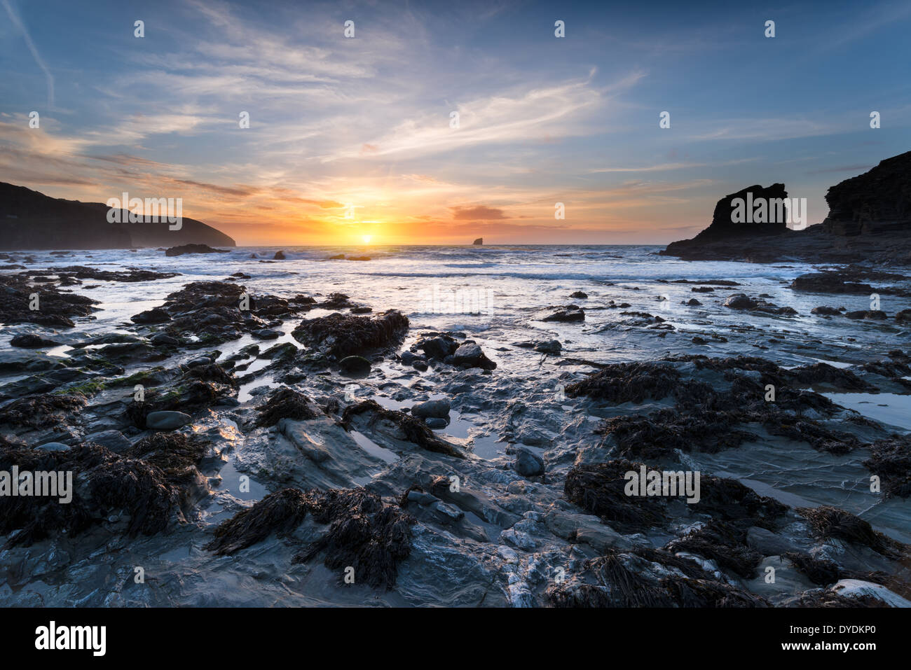 Sunset at Trevellas Coombe beach in St Agnes in Cornwall Stock Photo ...