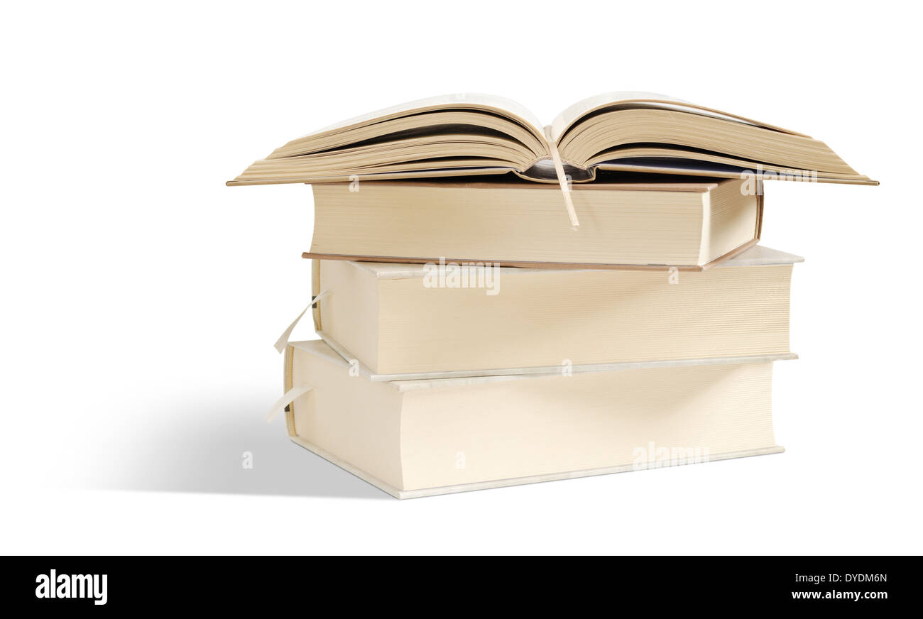 Opened book on top of stack of books hi-res stock photography and ...