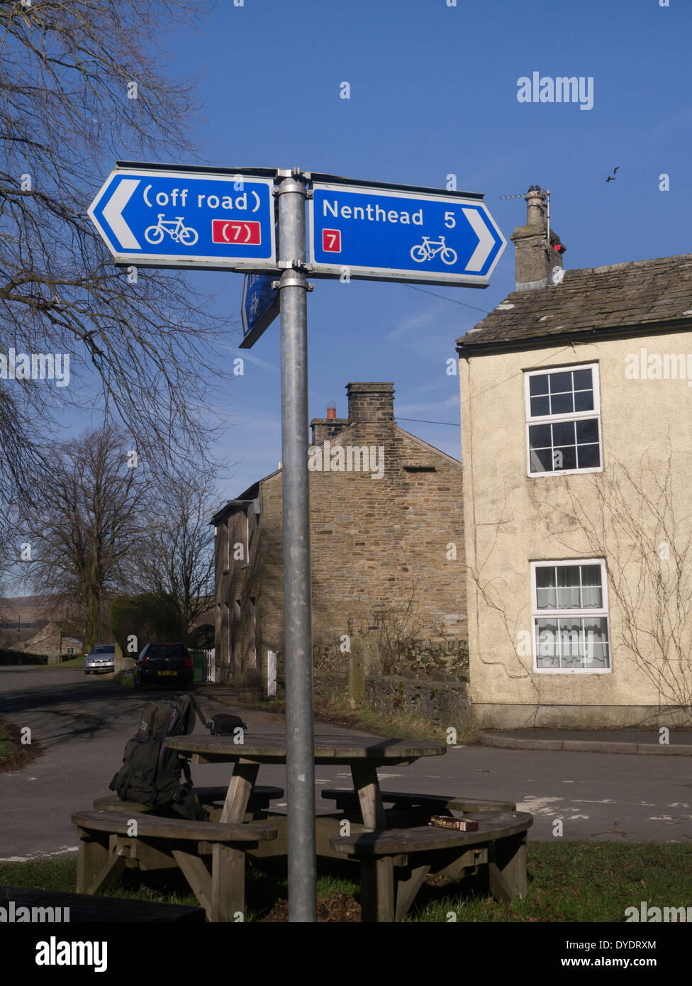 A cycle route sign in Garrigill, a small village on the river South ...