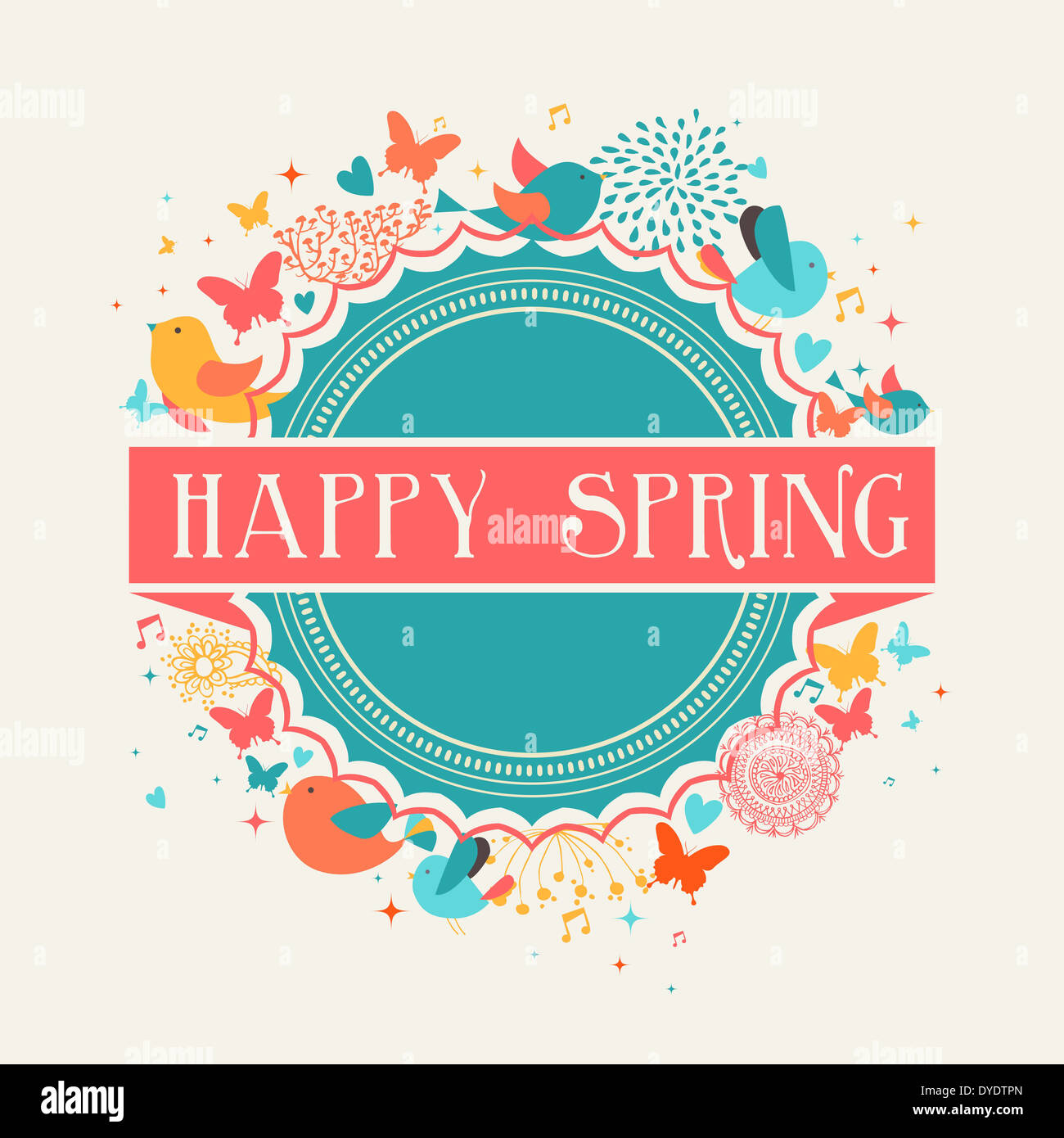 Spring postcard with colorful flowers and retro label composition ...