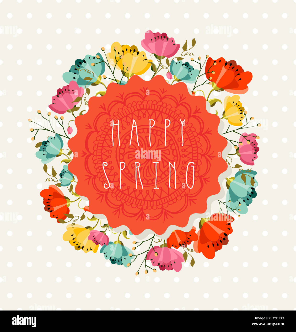 Colorful happy Spring greeting card with flowers bouquet composition ...