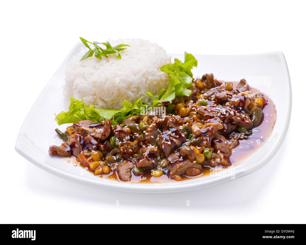 Fried liver with vegetable and bolied rice Stock Photo - Alamy