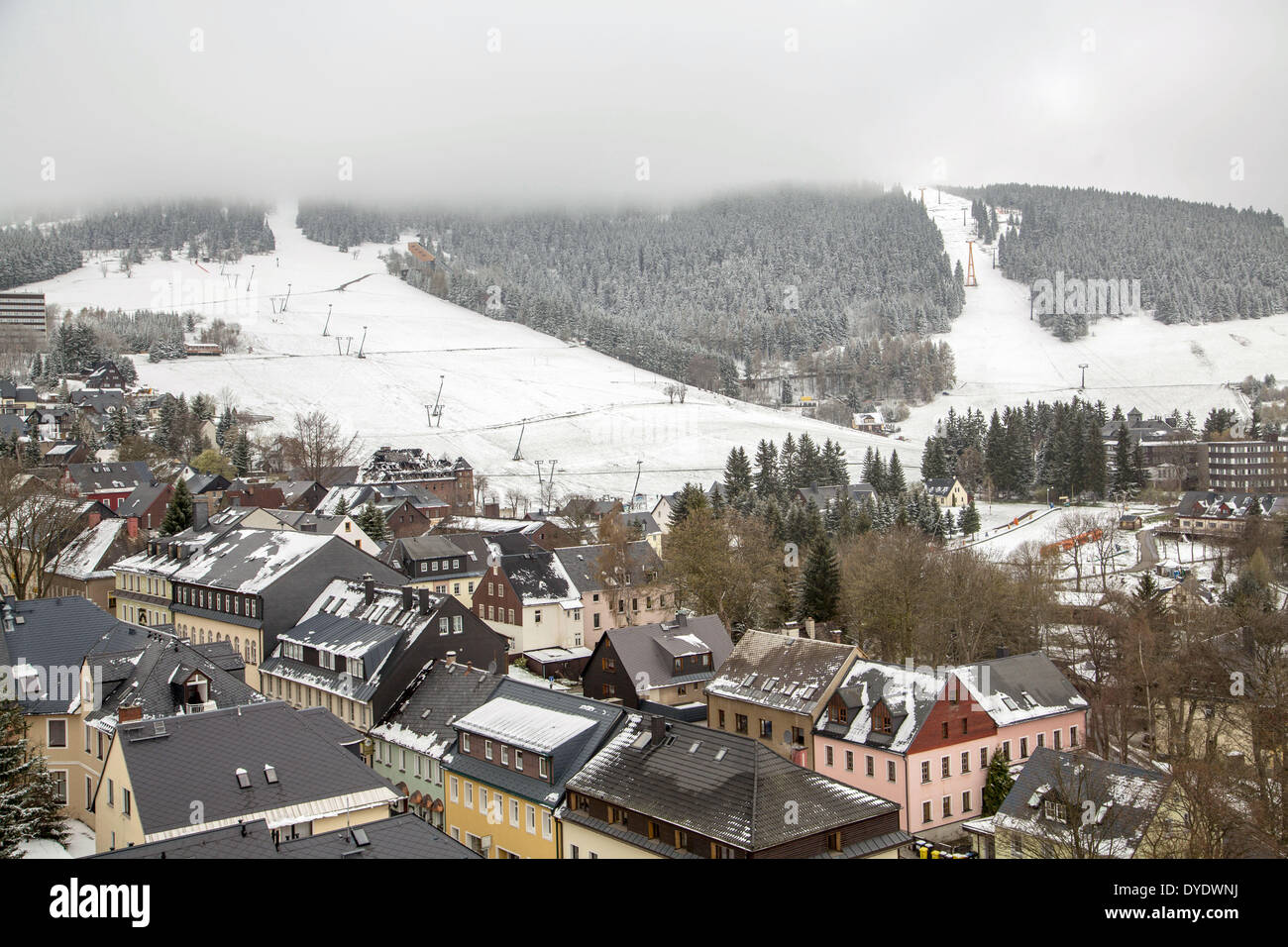 View of the snow-covered Fichtelberg Mountain photographed from the ...