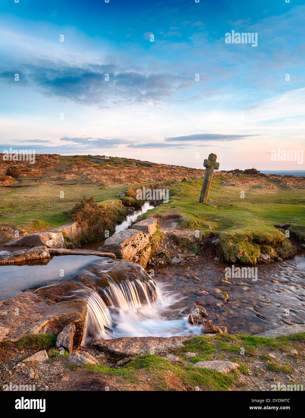 An ancient stone cross at Windy Post on Dartmoor in Devon where the ...