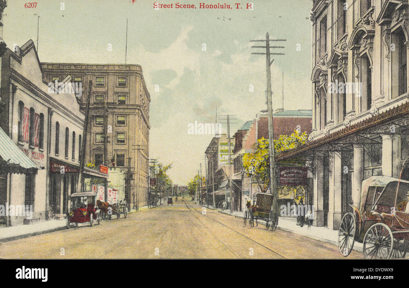 This historical street scene depicts a view of Honolulu, Hawaii ...