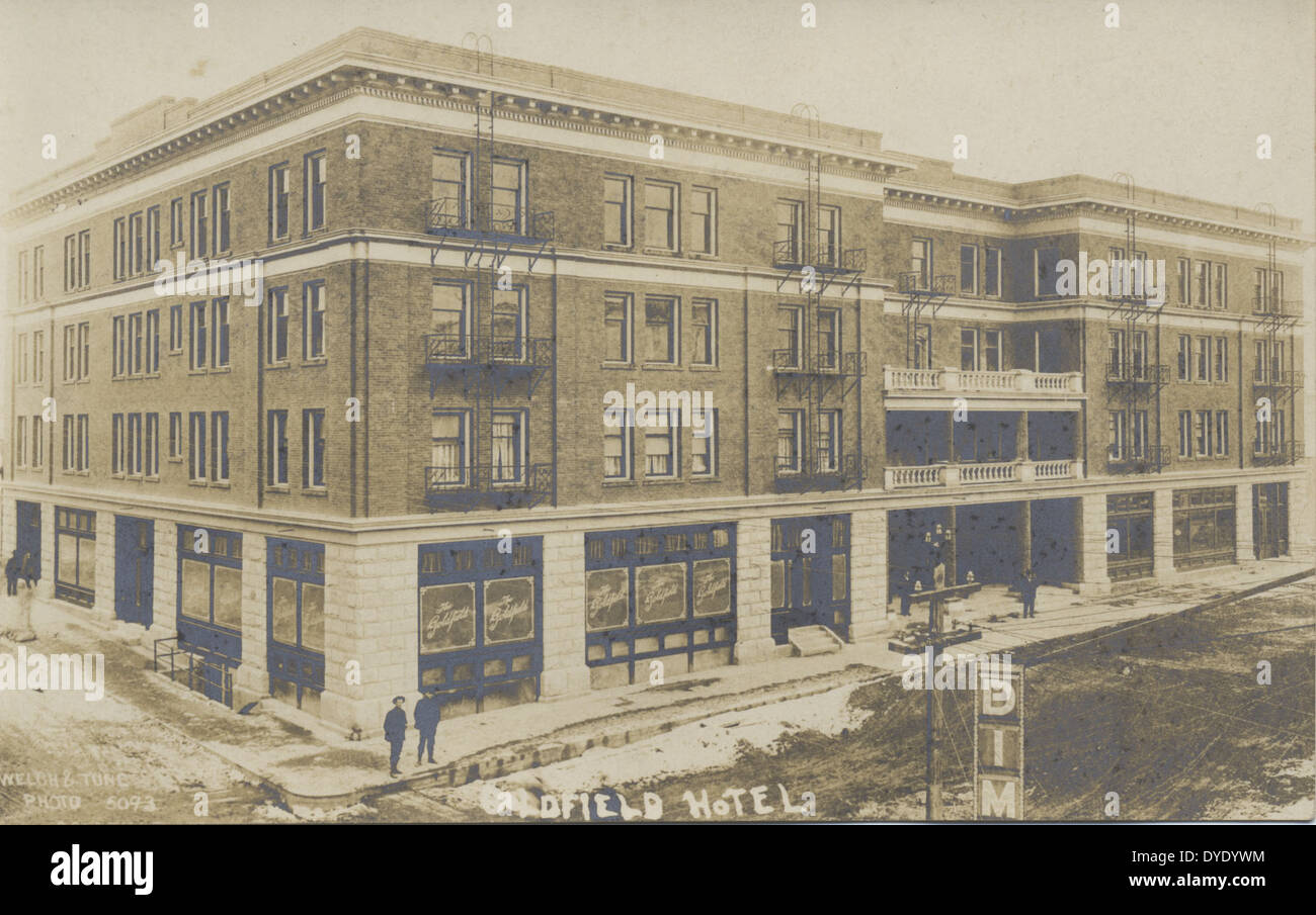 A historic photograph of the Goldfield Hotel, a prominent building in ...