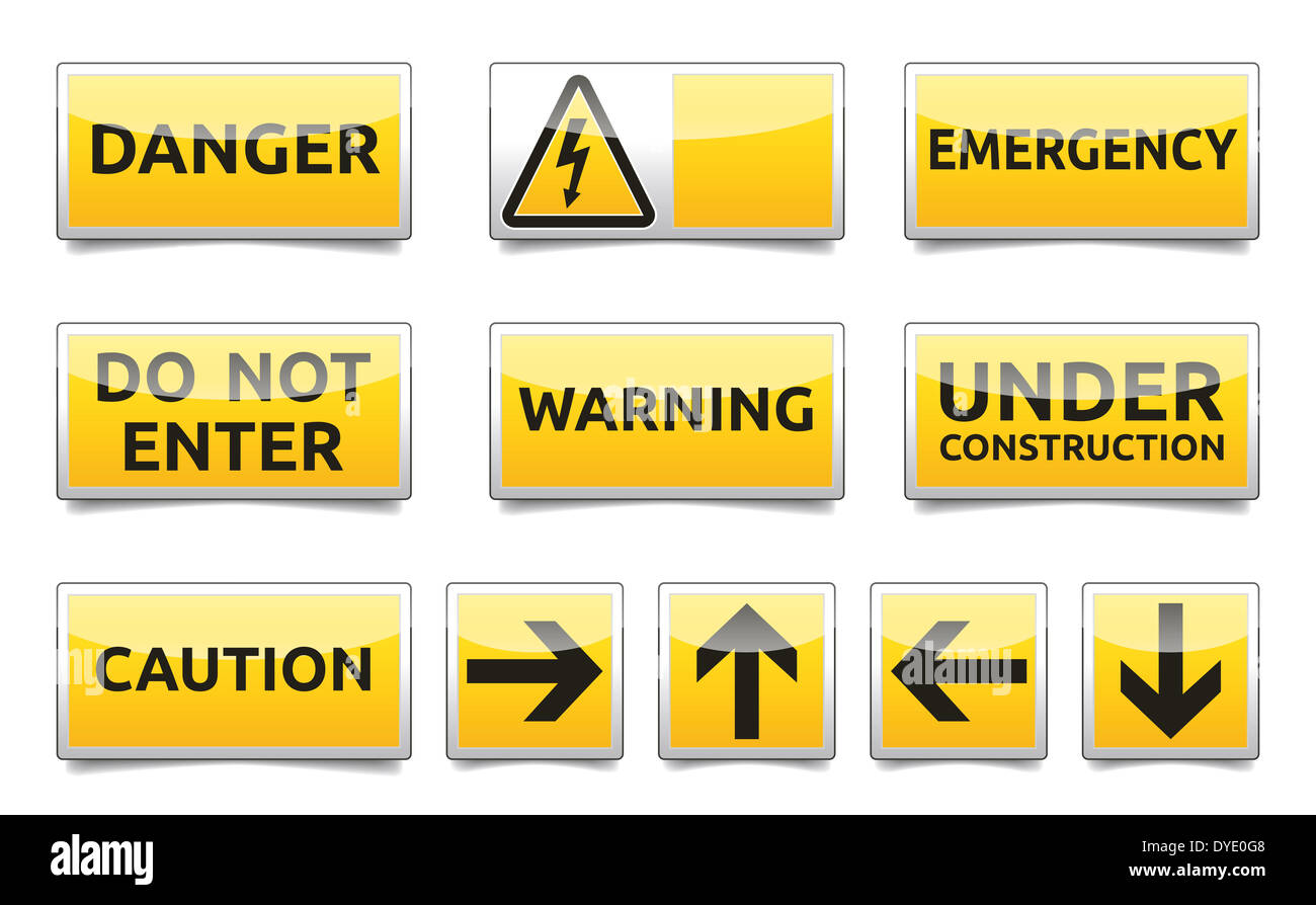 Isolated warning, danger, emergency sign collection with reflection and ...