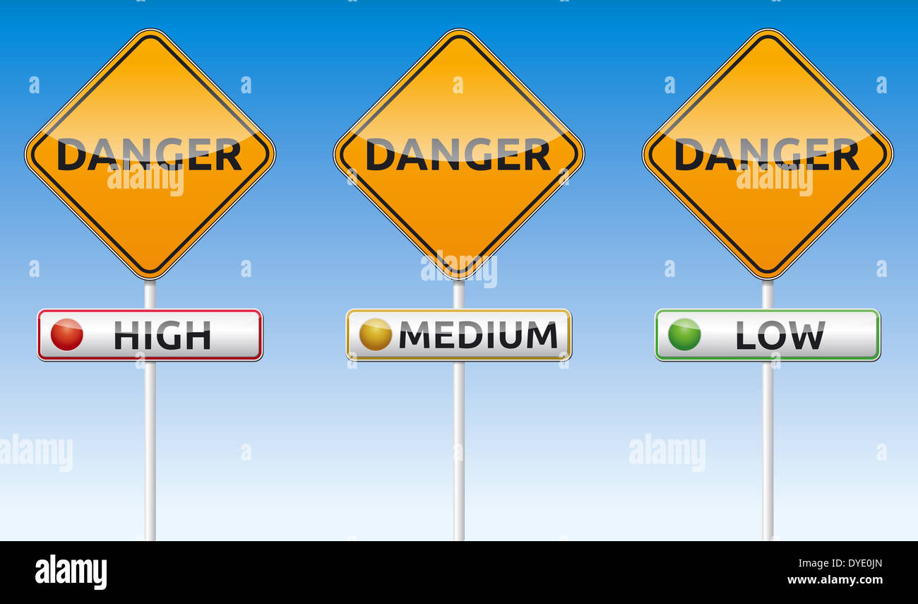 Danger traffic sign with high, medium, low label Stock Photo - Alamy
