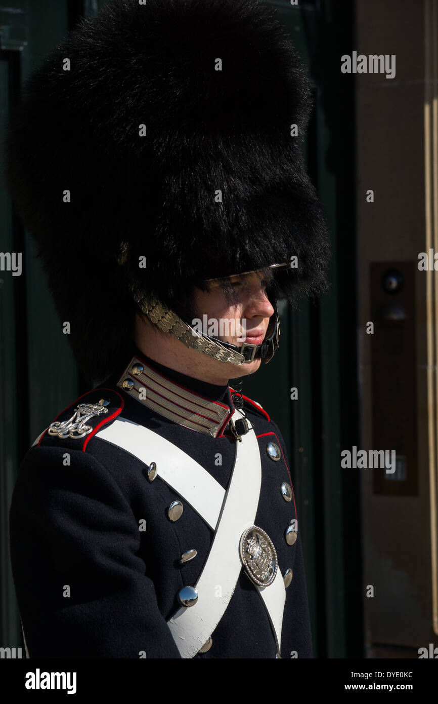 The royal guard doing the parade at Amalienborg Castle. The castle is ...