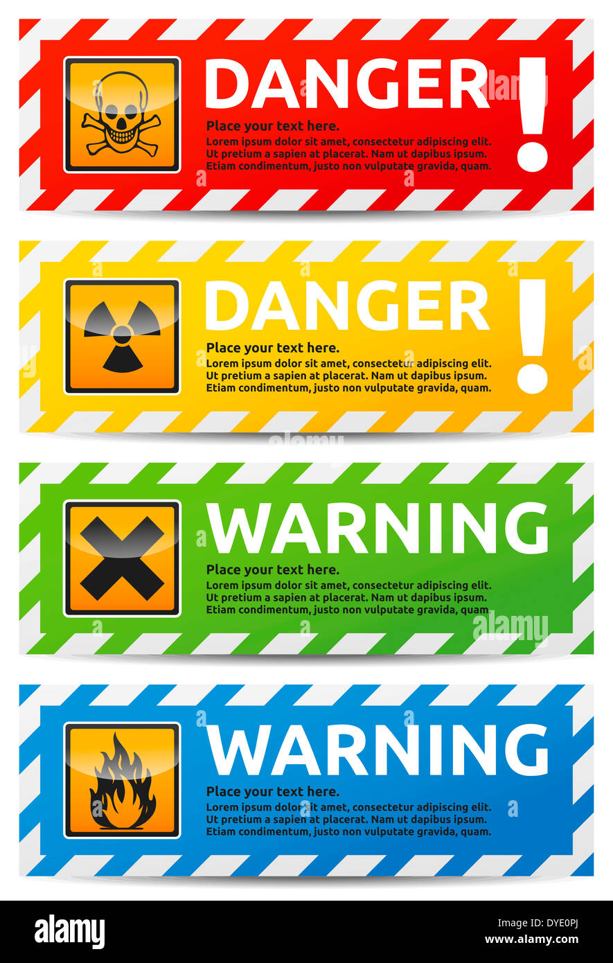 Colored Danger banner collection, set with shadow on white background ...
