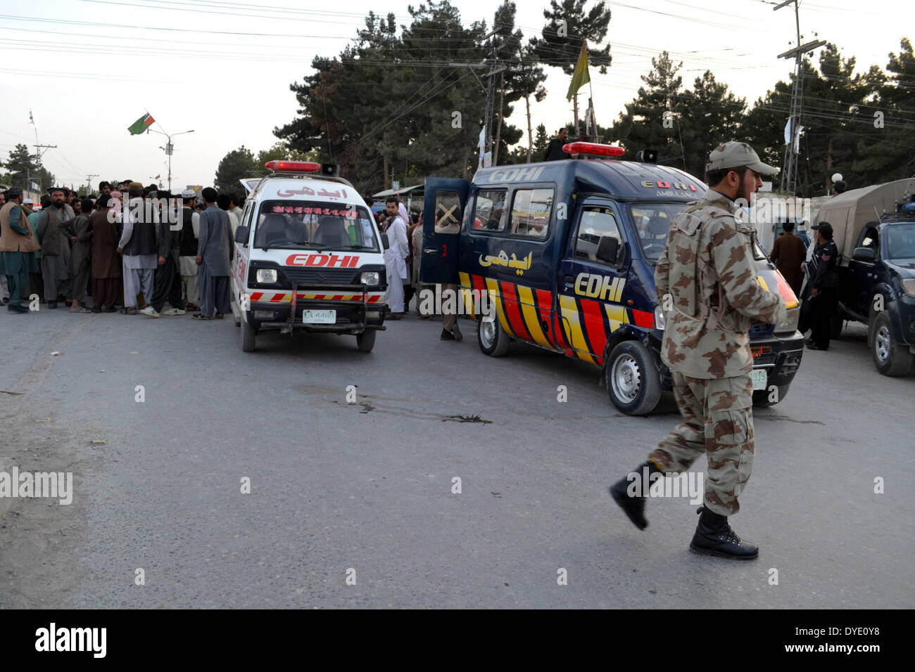 Quetta. 15th Apr, 2014. Ambulances carry bodies of victims after an ...