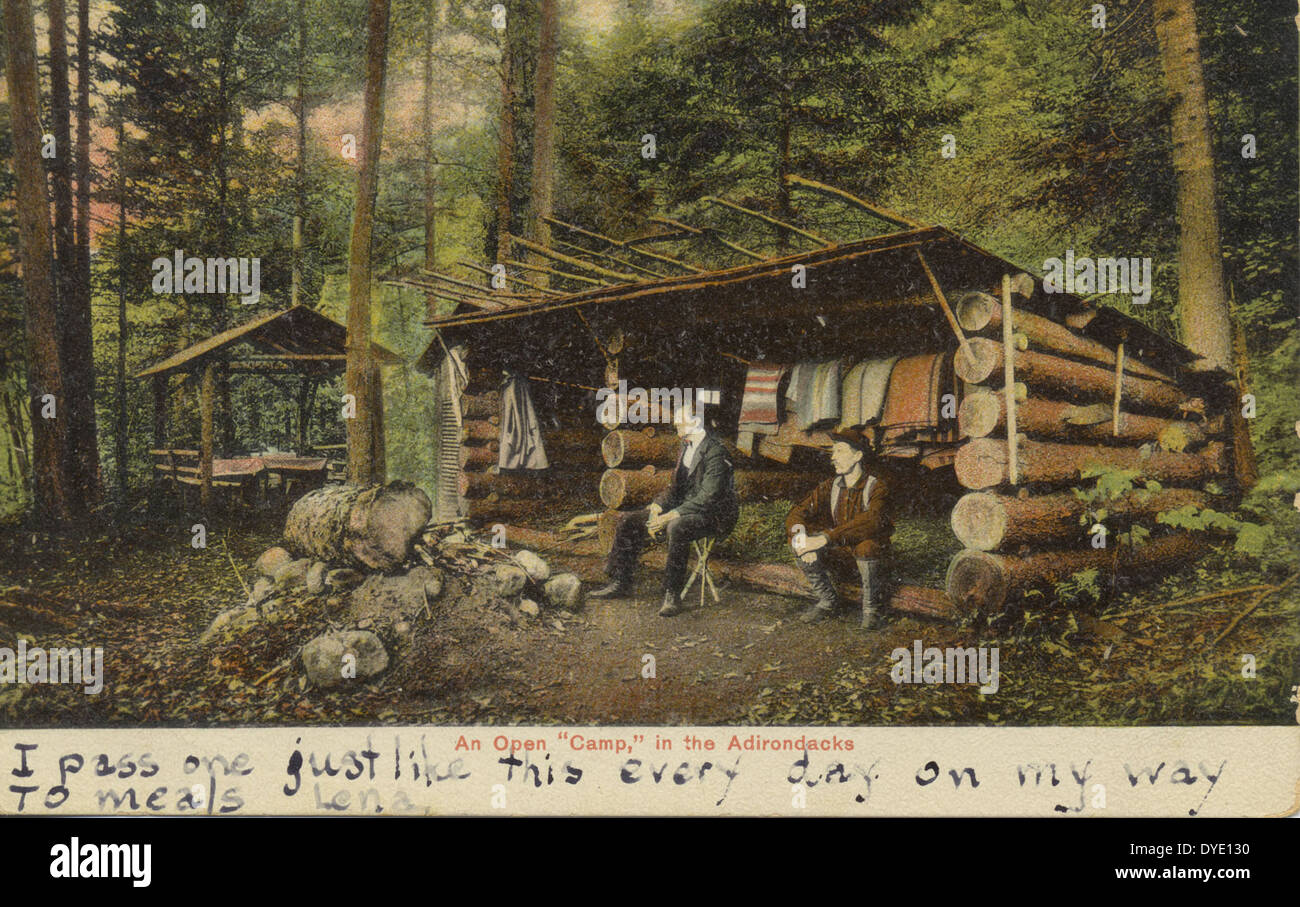This historical image shows an open camp in the Adirondacks, reflecting ...