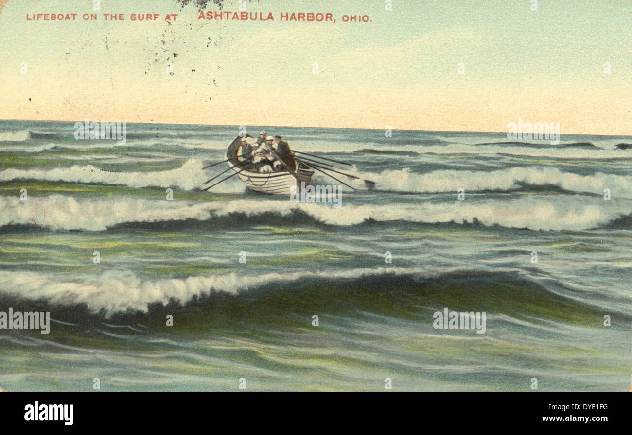 This photograph captures a lifeboat navigating the surf at Ashtabula ...